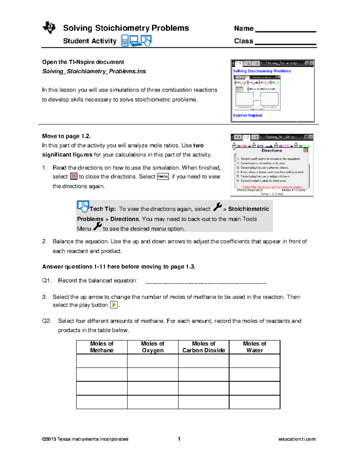 Solving Stoichiometry Problems Student - Student Activity Class Open ...