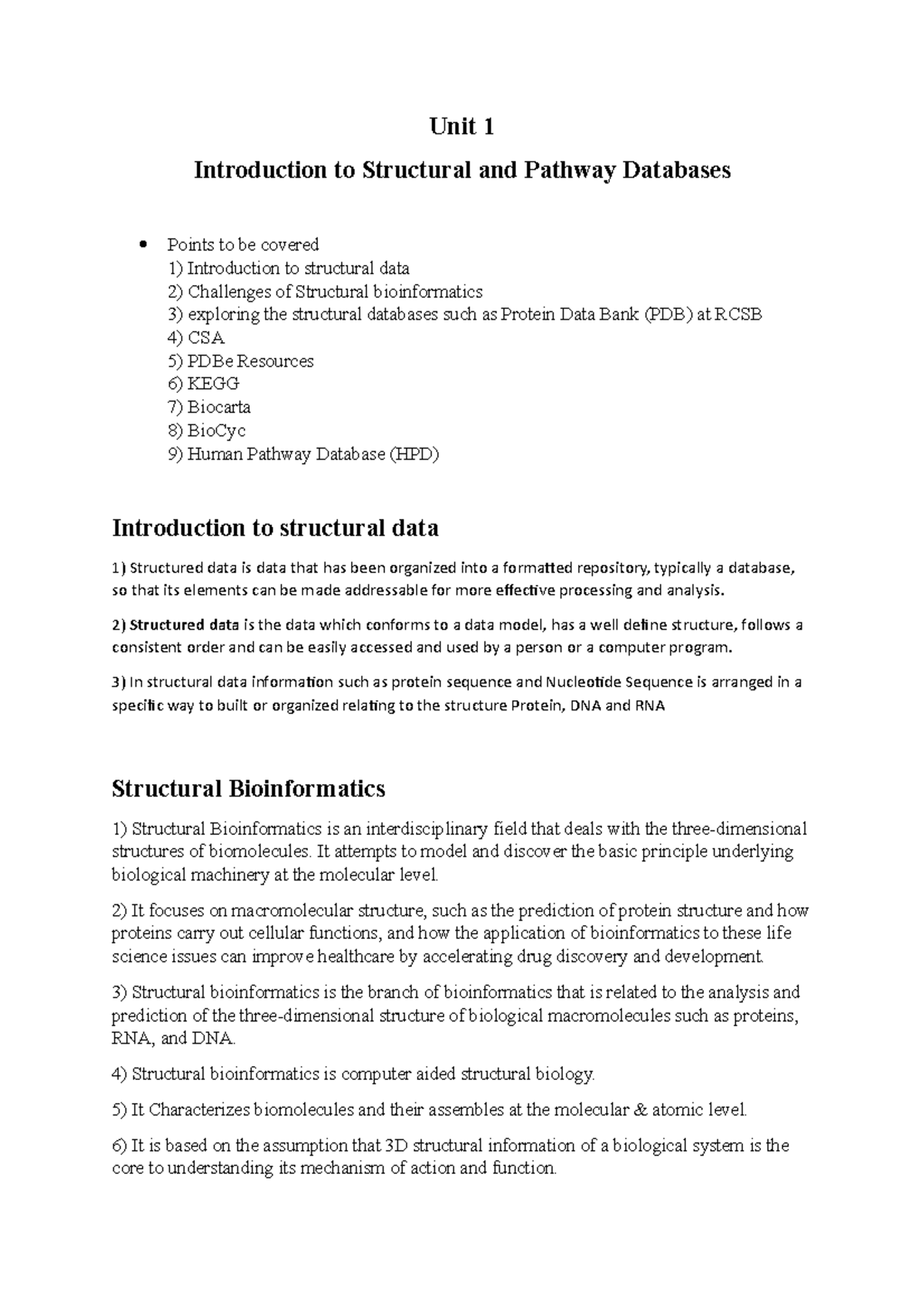 Unit 1 drug designing - Unit 1 Introduction to Structural and Pathway Databases Points to be ...
