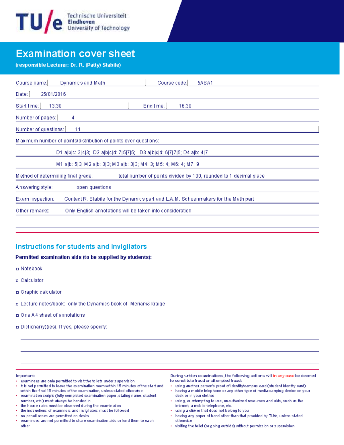 Tentamen 2016, vragen - Examination cover sheet (responsible Lecturer ...