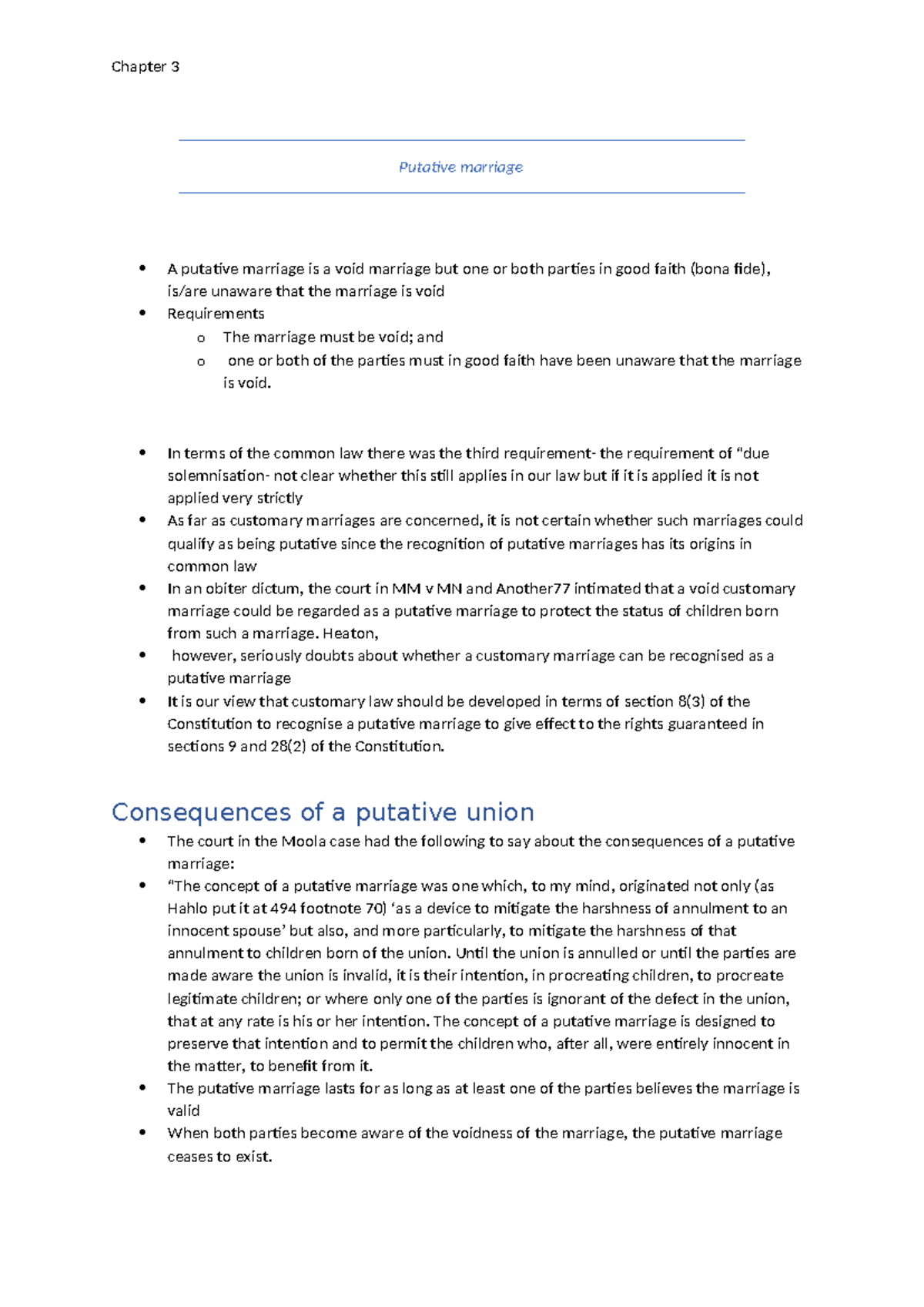 FMR 120 Chapter 3 - Summary Family law - Chapter 3 Putative marriage A ...