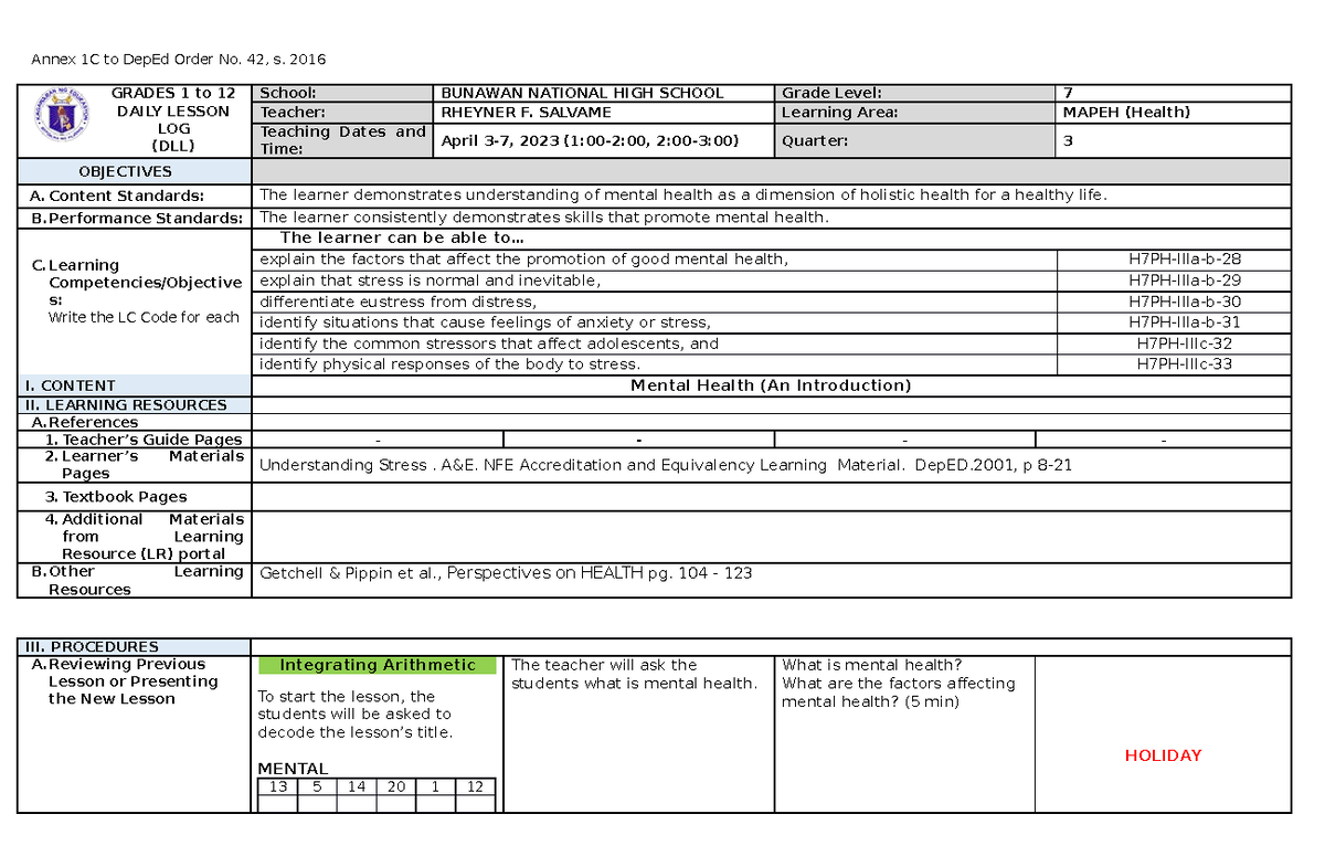 6. April 3-7, 2023 (Week 1)-Health - Annex 1C to DepEd Order No. 42, s ...