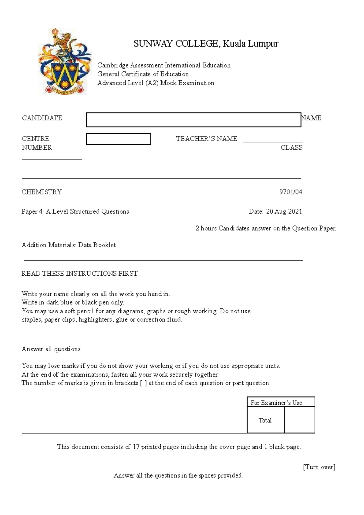2021 AUG MOCK EXAM Paper 4 QP - SUNWAY COLLEGE, Kuala Lumpur Cambridge ...