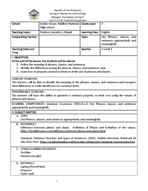 Lesson PLAN IN English 8 - LESSON PLAN IN ENGLISH 8 MELCS: Recognize ...