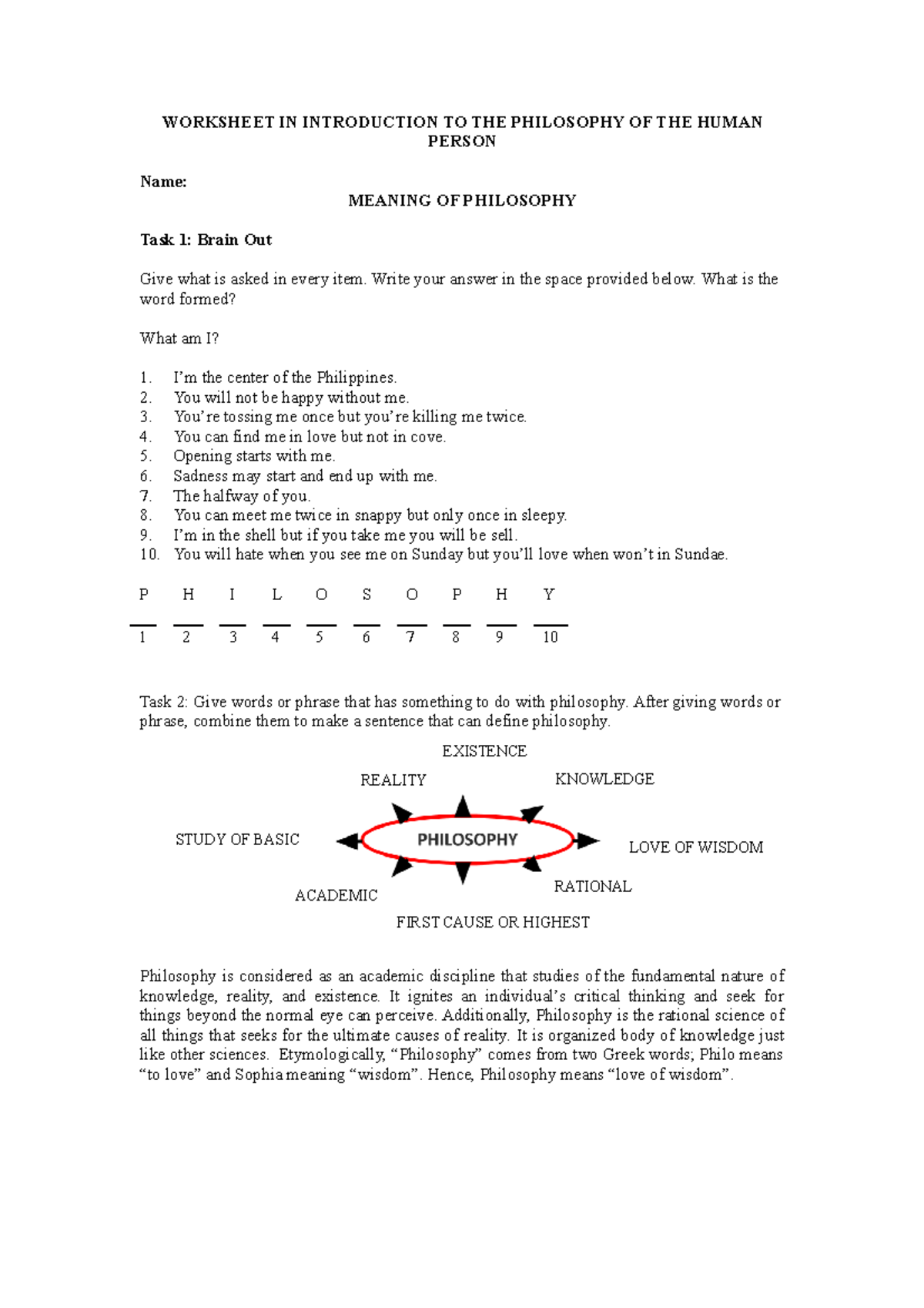 WORKSHEET IN INTRODUCTION TO THE PHILOSOPHY- DUE OCT 4.docx - WORKSHEET ...