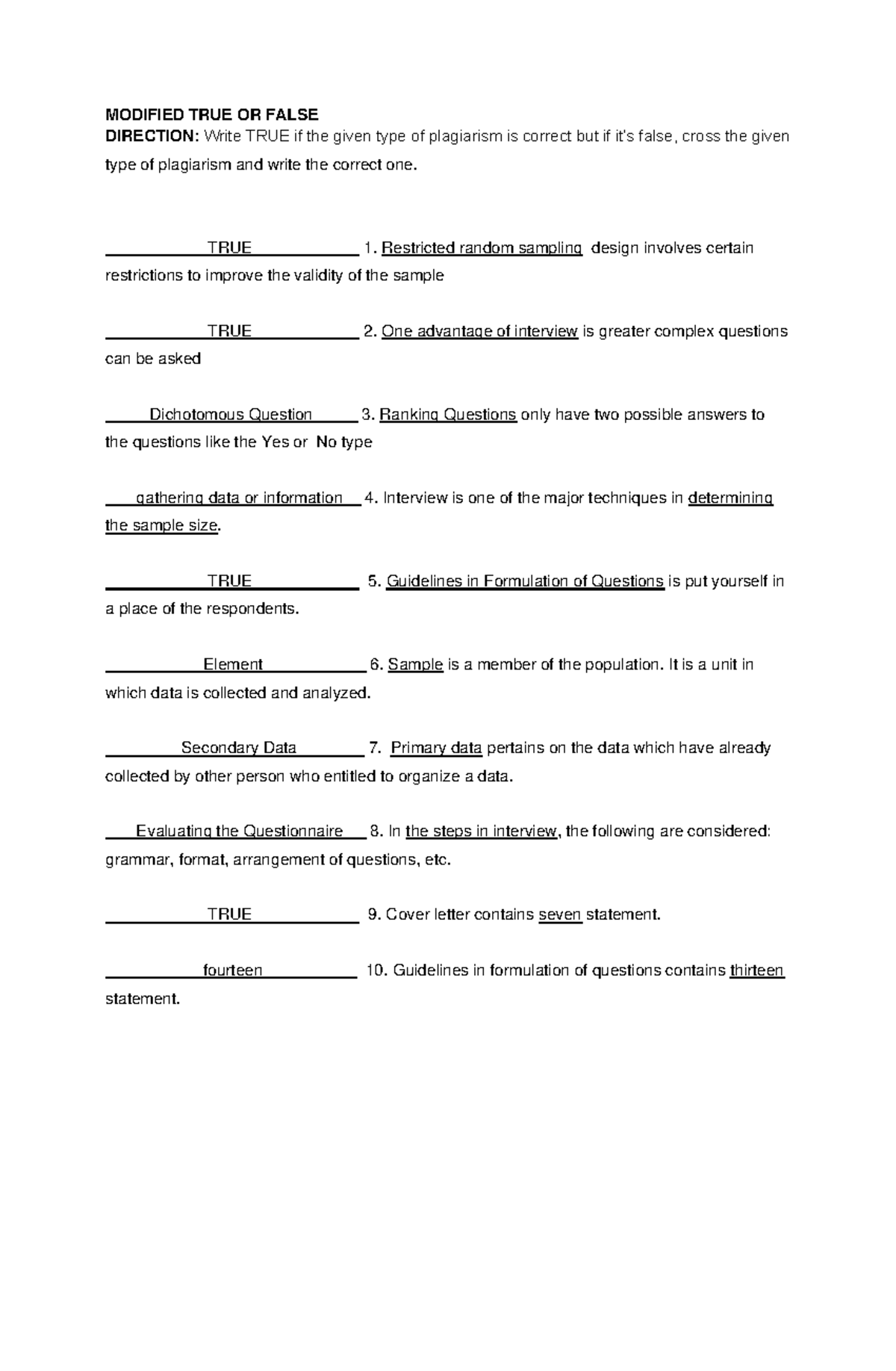 Methods of Research - modified true or false activity with answers ...