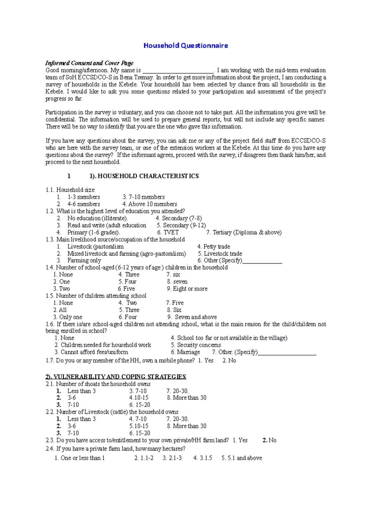HH Survey Questionnaire - Household Questionnaire Informed Consent and ...