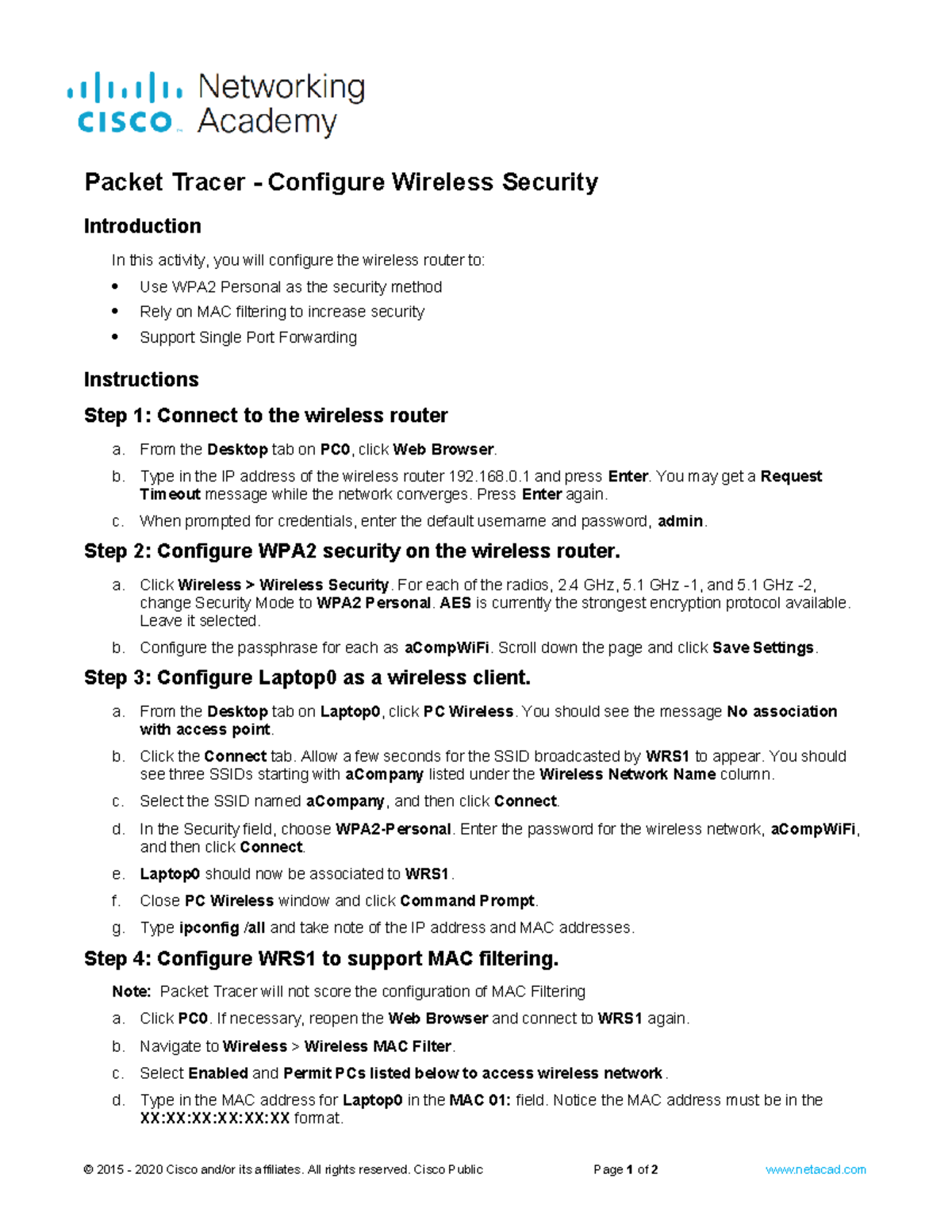 13 4 1 10 Packet Tracer Configure Wireless Security Packet Tracer Configure Wireless