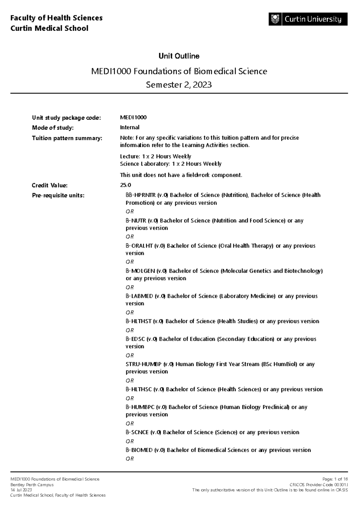 MEDI1000 Foundations of Biomedical Science Semester 2 2023 Bentley ...