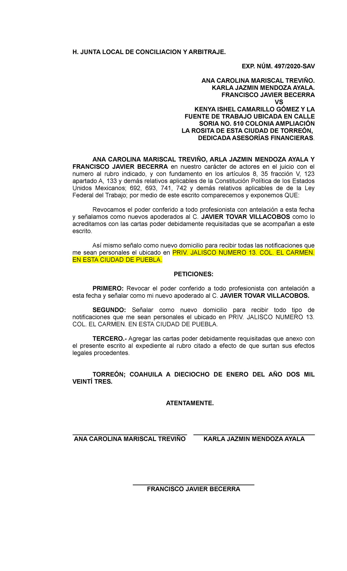 Revocar a los abogados - H. JUNTA LOCAL DE CONCILIACION Y ARBITRAJE ...