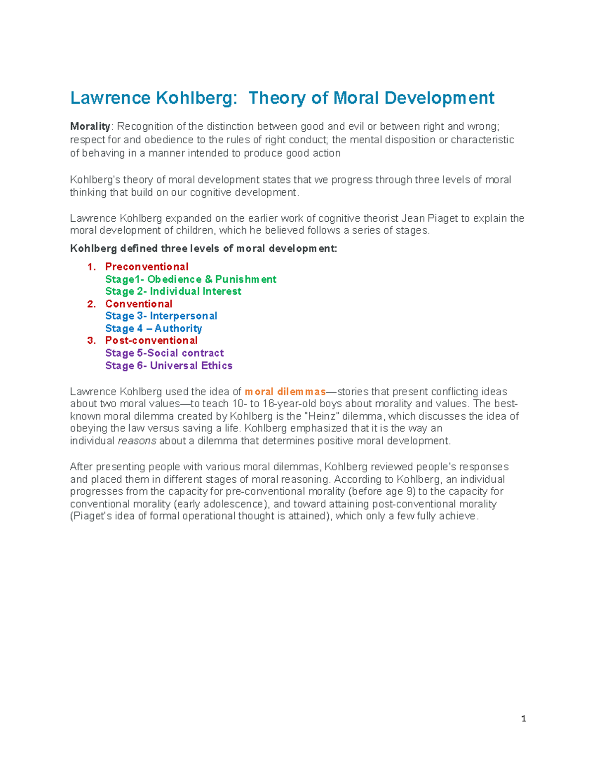 Kohlbergs Theory of Moral Development - Lawrence Kohlberg: Theory of ...