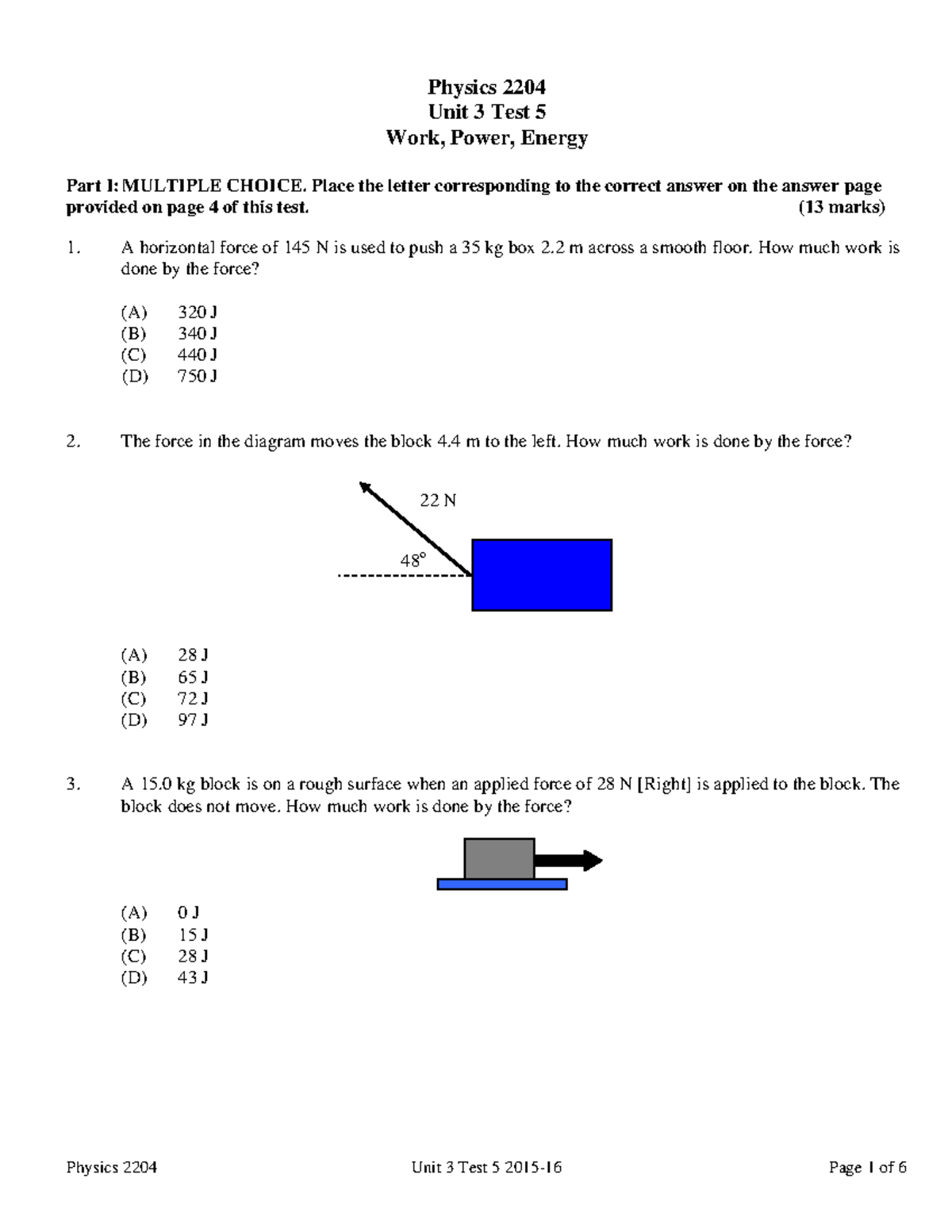 Unit 3 Test1 P2204 - hard - Physics 2204 Unit 3 Test 5 Work, Power ...