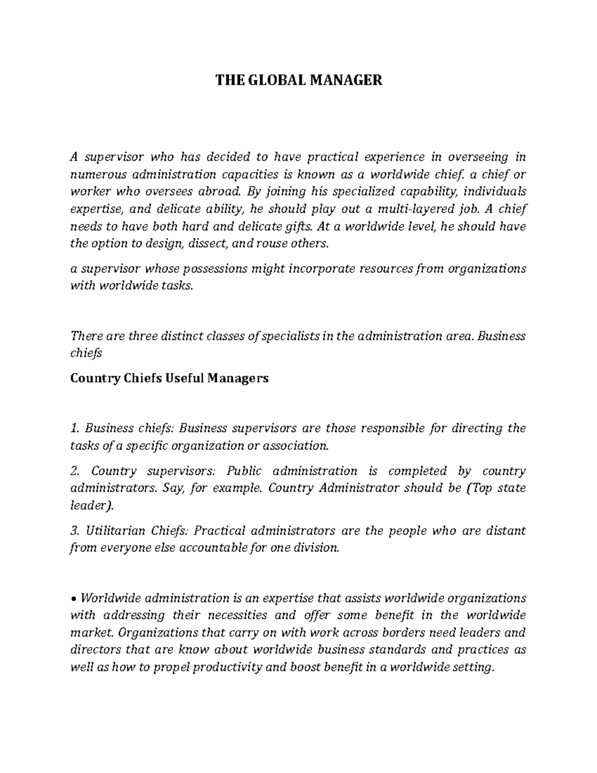 THE Global Manager - THE GLOBAL MANAGER A supervisor who has decided to ...
