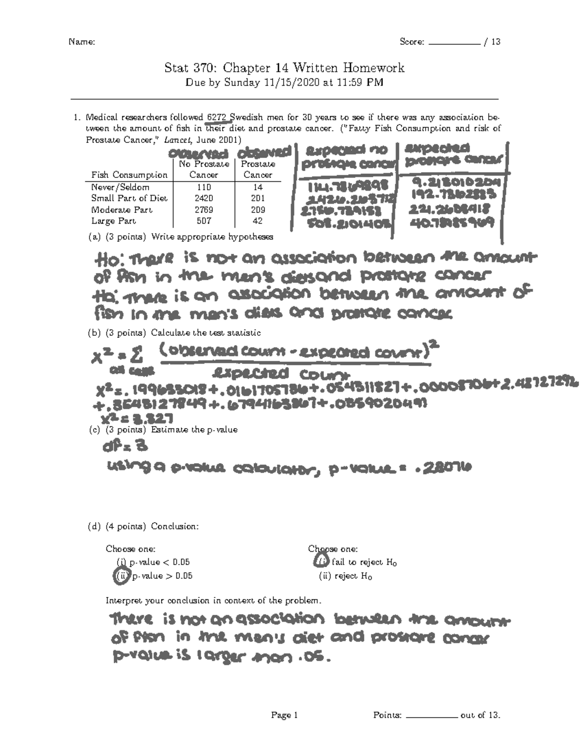 Stat 370 ch 14 written homework - Name: Score: / 13 Stat 370: Chapter 14 Written Homework ...