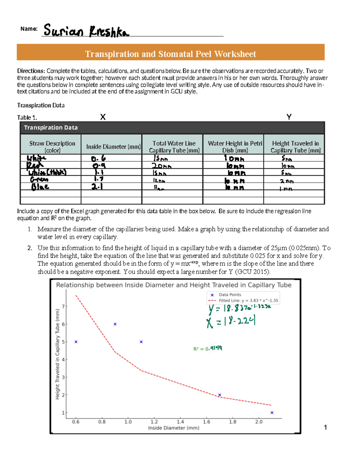 Transpiration_Stomata - Directions: Complete the tables, calculations ...