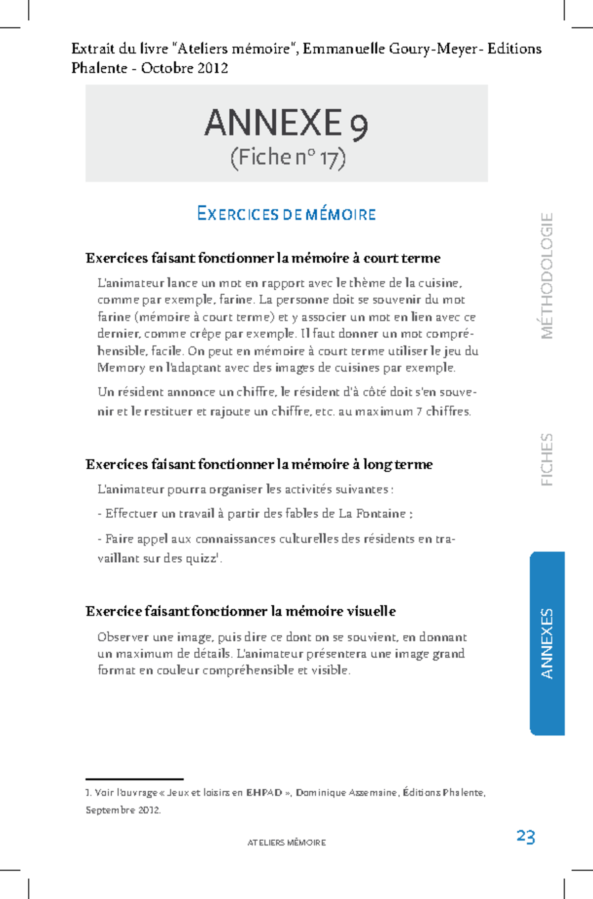 Exercices de mémoire - 23 Méthodologie Fiches Annexes Annexe 9 (Fiche n ...