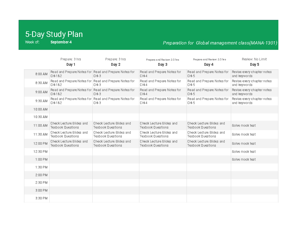 5 Day study plan - one of the assignment - 5-Day Study Plan Week of: September 4 Preparation for ...