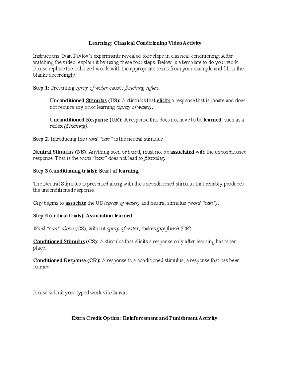 Learning Psy1500 - Classical Conditioning Video Assignment - Learning ...