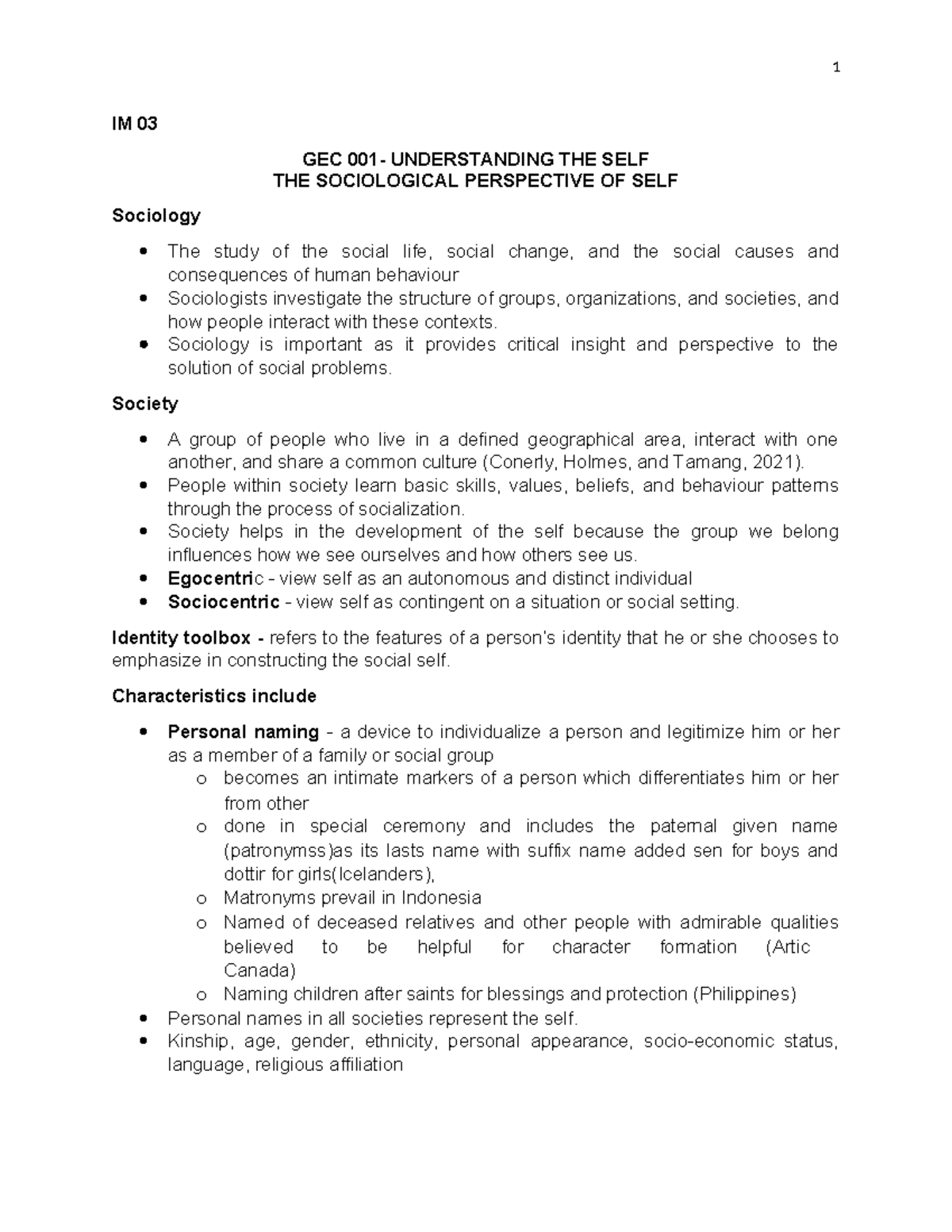 IM 03 THE Sociological SELF - IM 03 GEC 001- UNDERSTANDING THE SELF THE SOCIOLOGICAL PERSPECTIVE ...