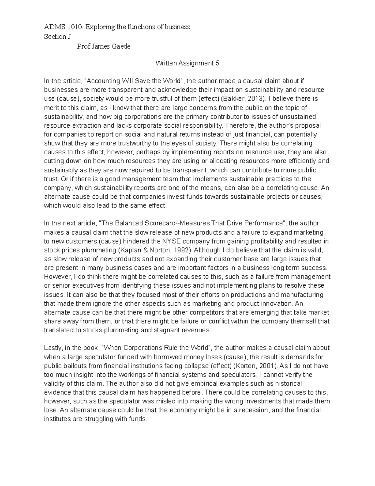 Written Assignment 5 Lan Bui - ADMS 1010. Exploring the functions of business Section J Prof ...