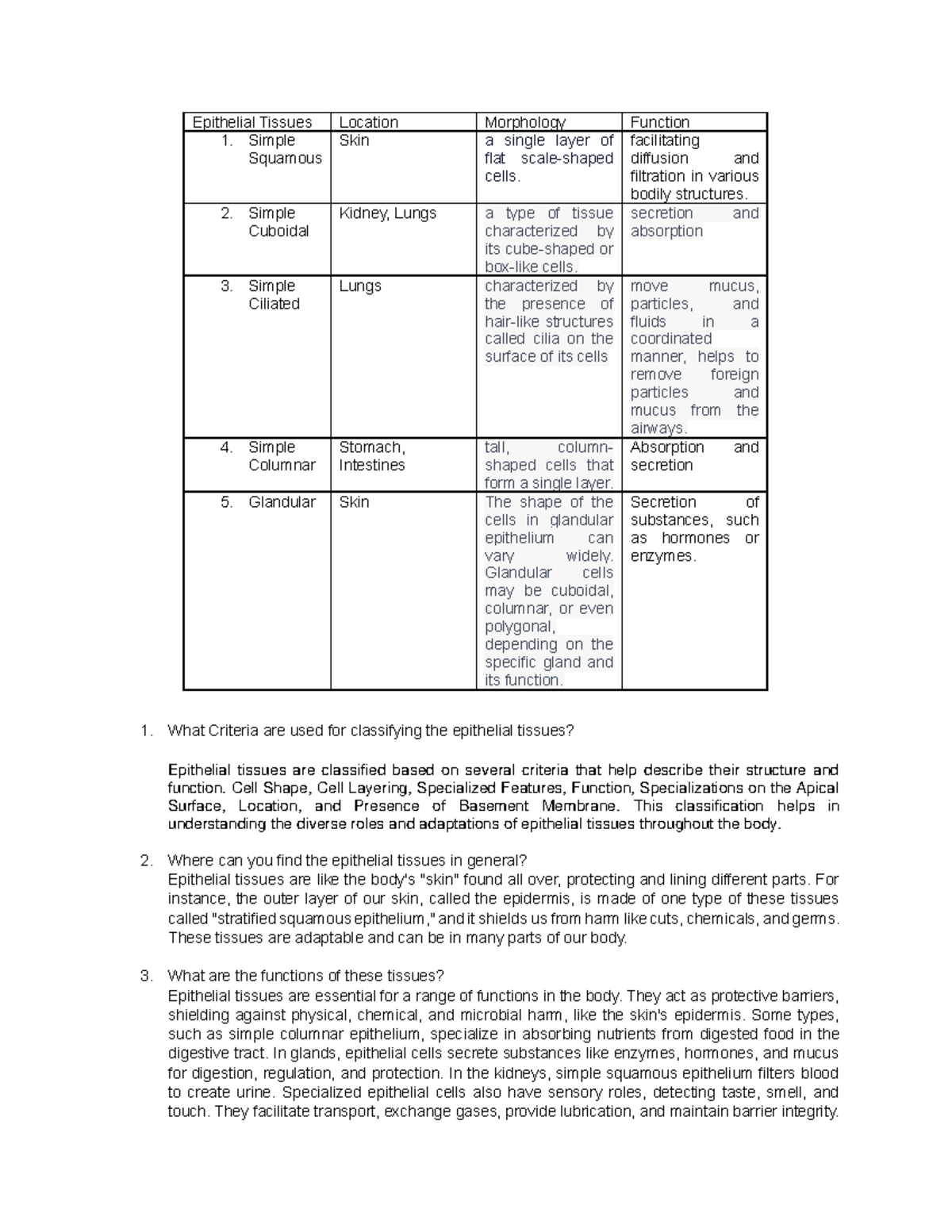 Worksheet p 30-32 - Epithelial Tissues Location Morphology Function 1 ...