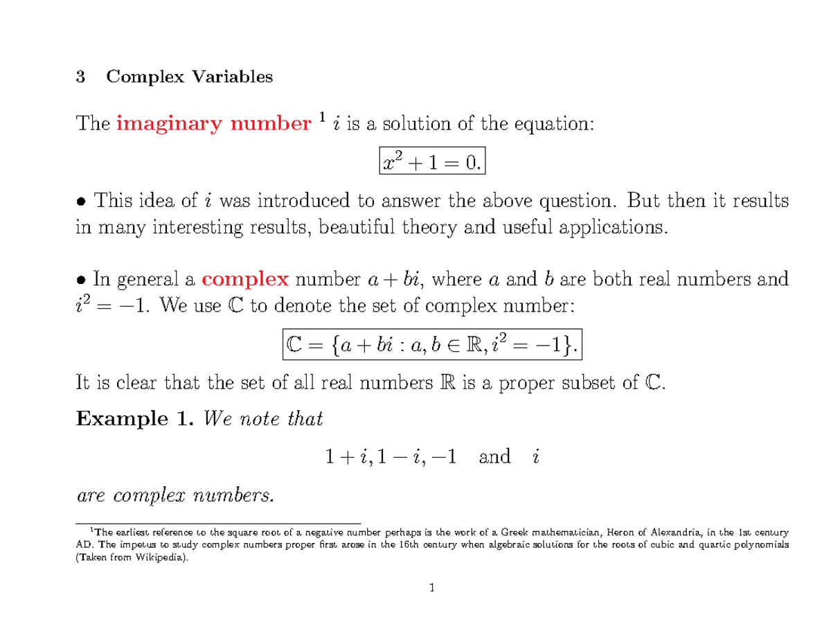1853 1617 part1 - LEC1 - 3 Complex Variables The imaginary number 1 i ...