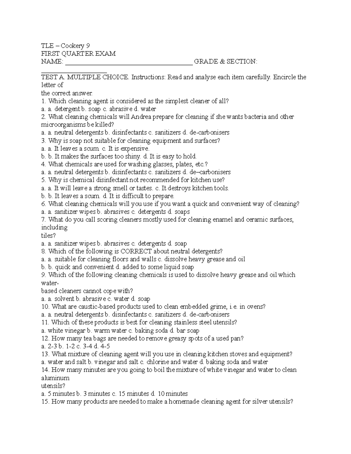 TLE - TECHNICAL VOCATIONAL AND LIVELIHOOD - TLE – Cookery 9 FIRST ...