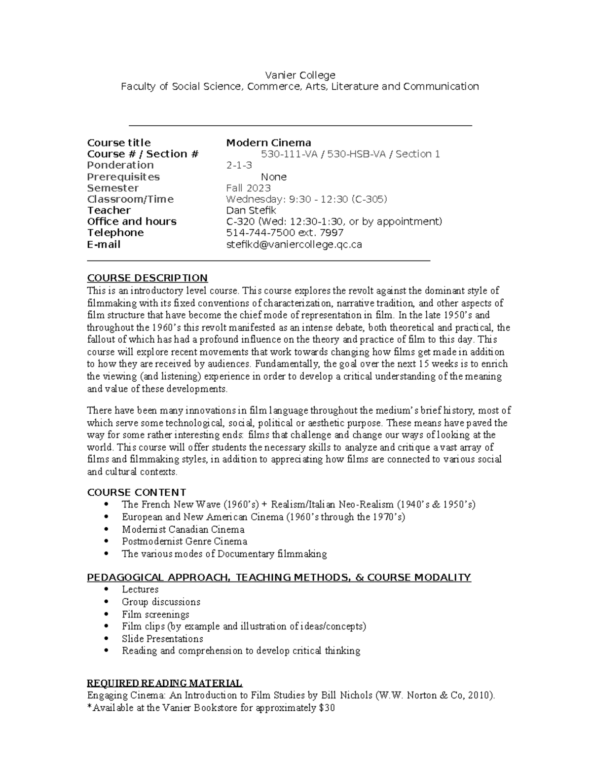 Modern Cinema Course Outline F23 - Wed - Vanier College Faculty of ...