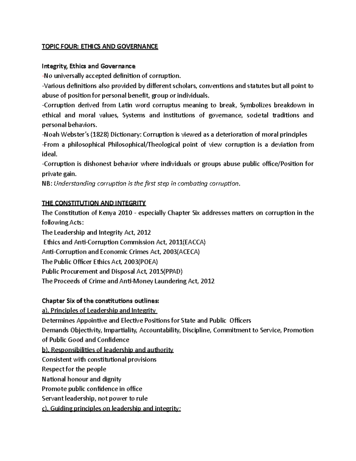 SHUM 211 Notes Topic 4-1 - TOPIC FOUR: ETHICS AND GOVERNANCE Integrity ...