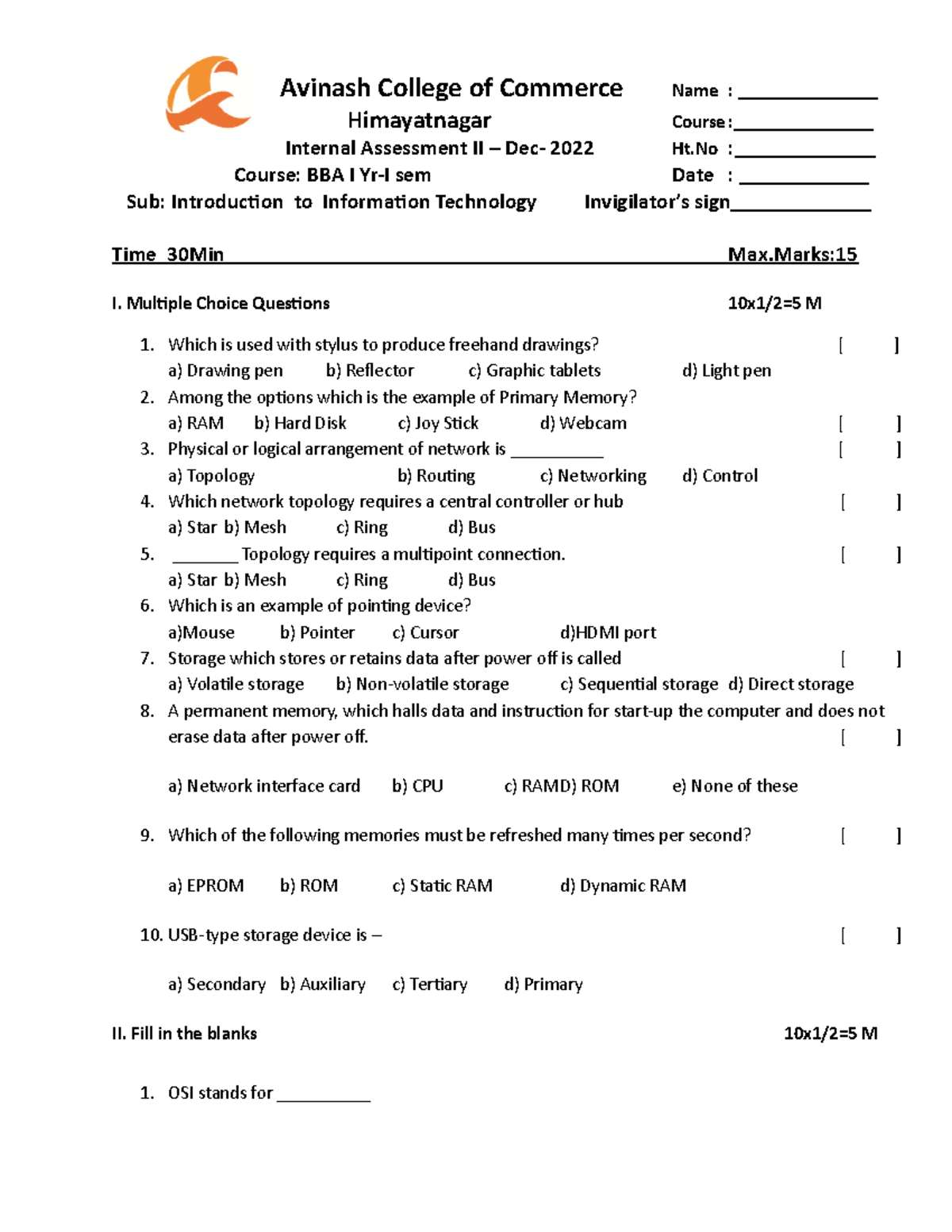 BBA (B Analytics) - IIT I yr I Sem I Internal Exam Dec'2022 - Avinash ...