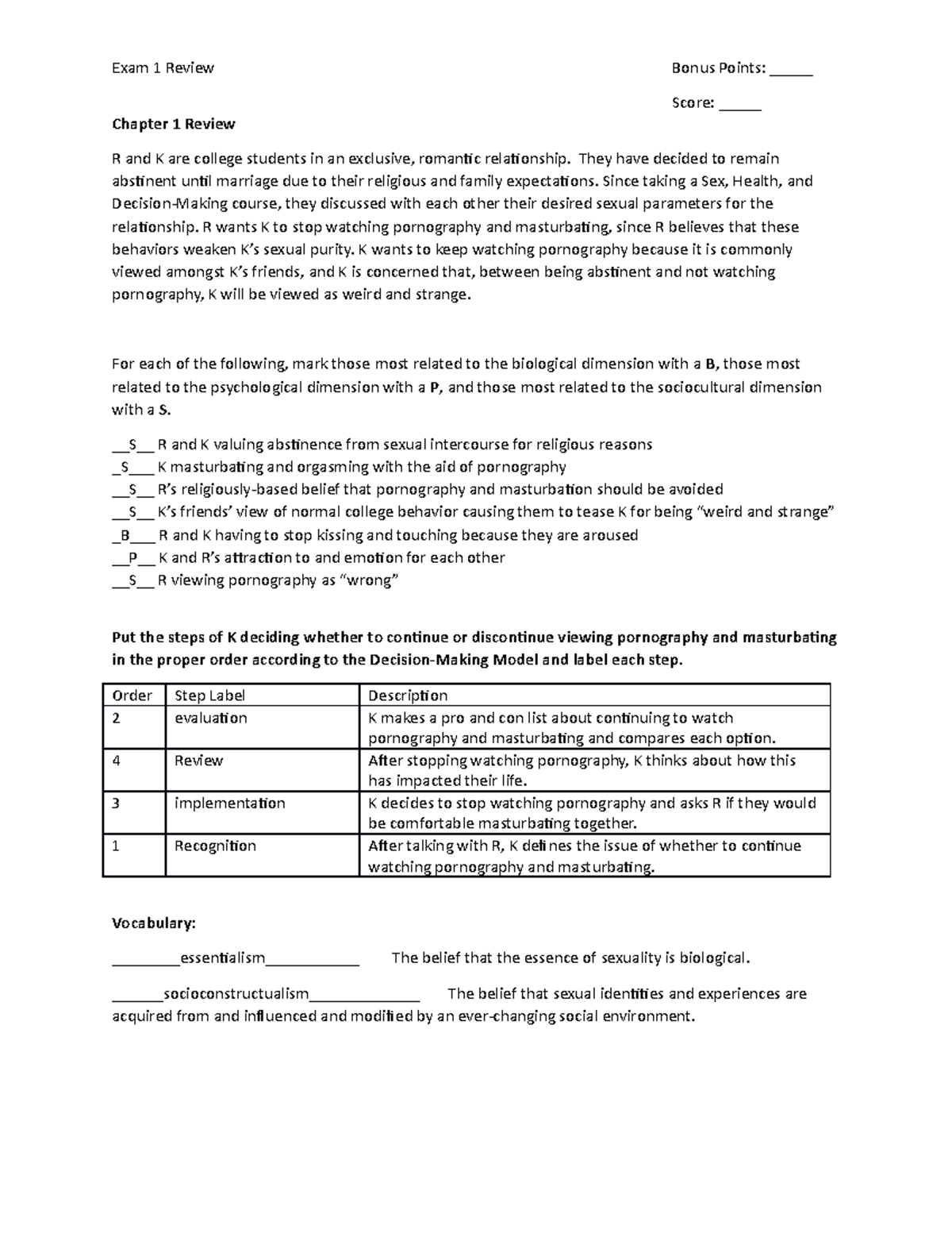 Sex ed review - Score: _____ Chapter 1 Review R and K are college ...