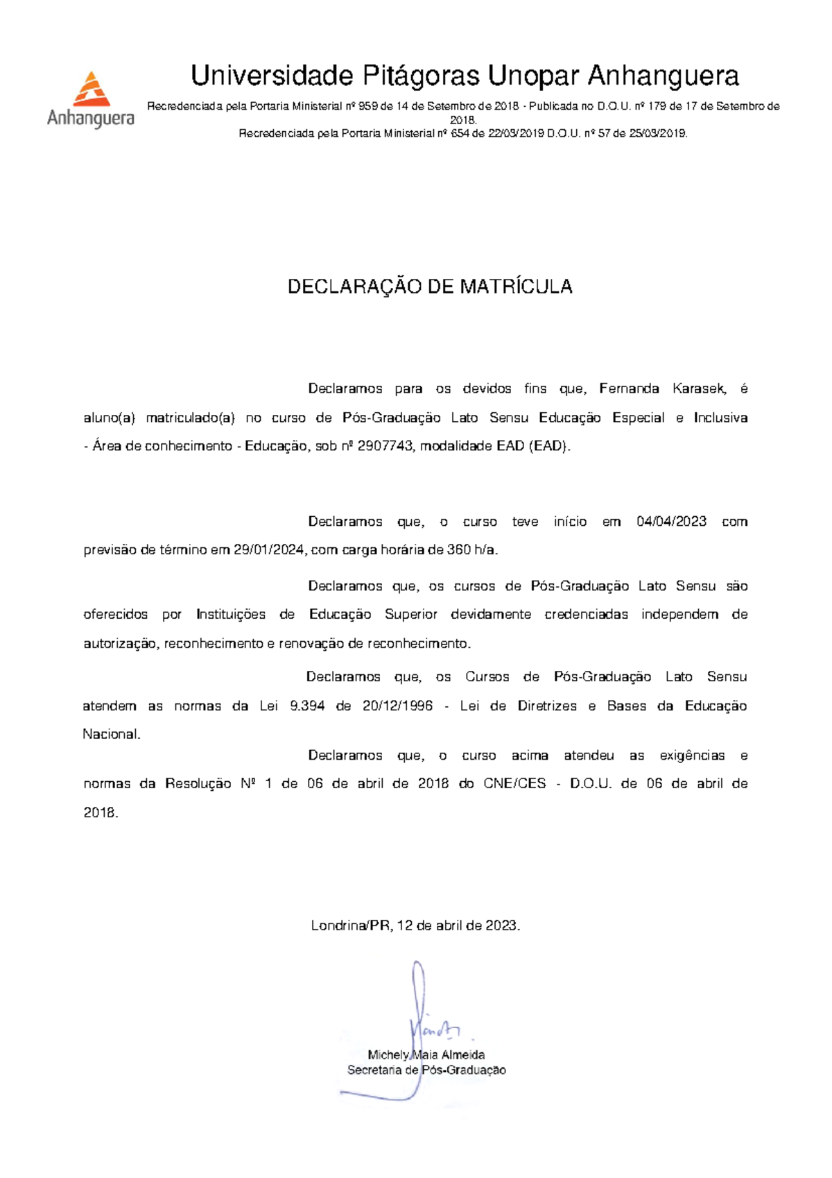 Declaracao matricula - declaração - Universidade Pitágoras Unopar ...