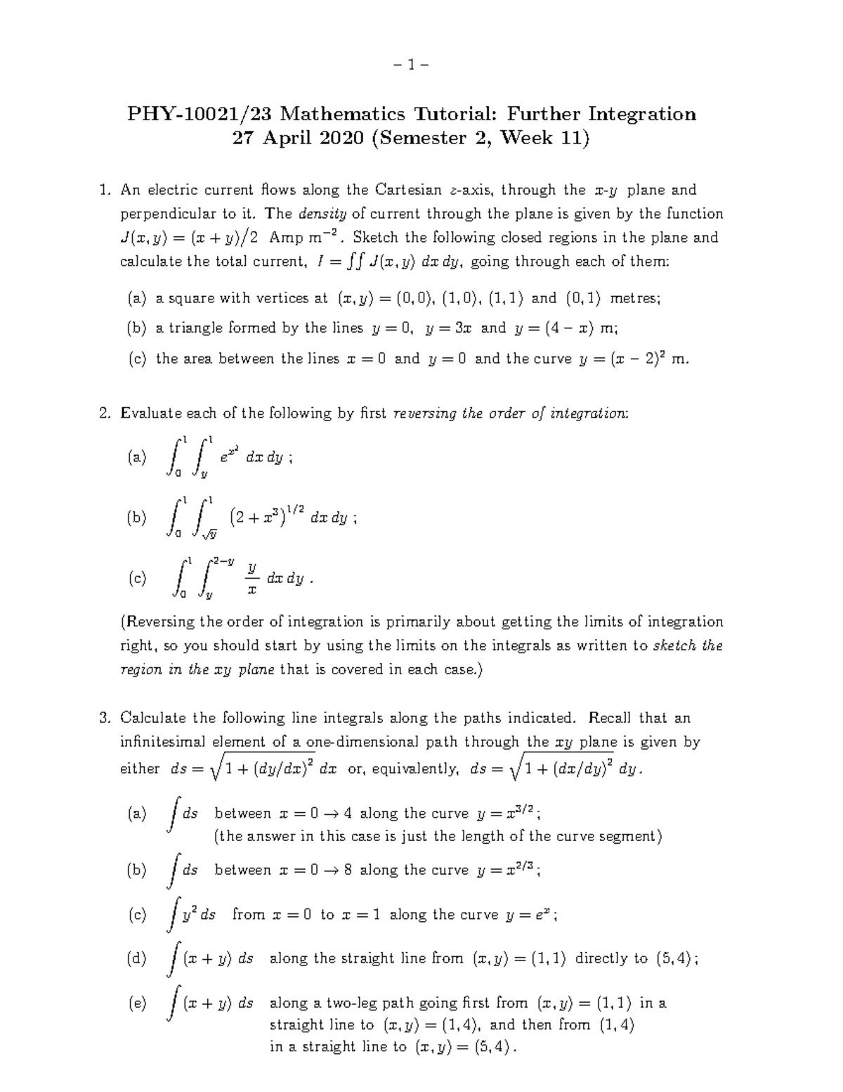 Semester 2 Tutorial 11 2020 - – 1 – PHY-10021/23 Mathematics Tutorial ...