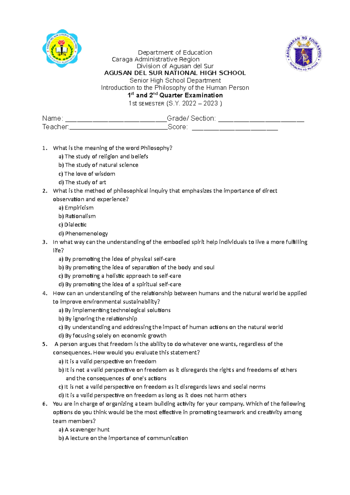 Philosophy - practice test NAT - Department of Education Caraga ...