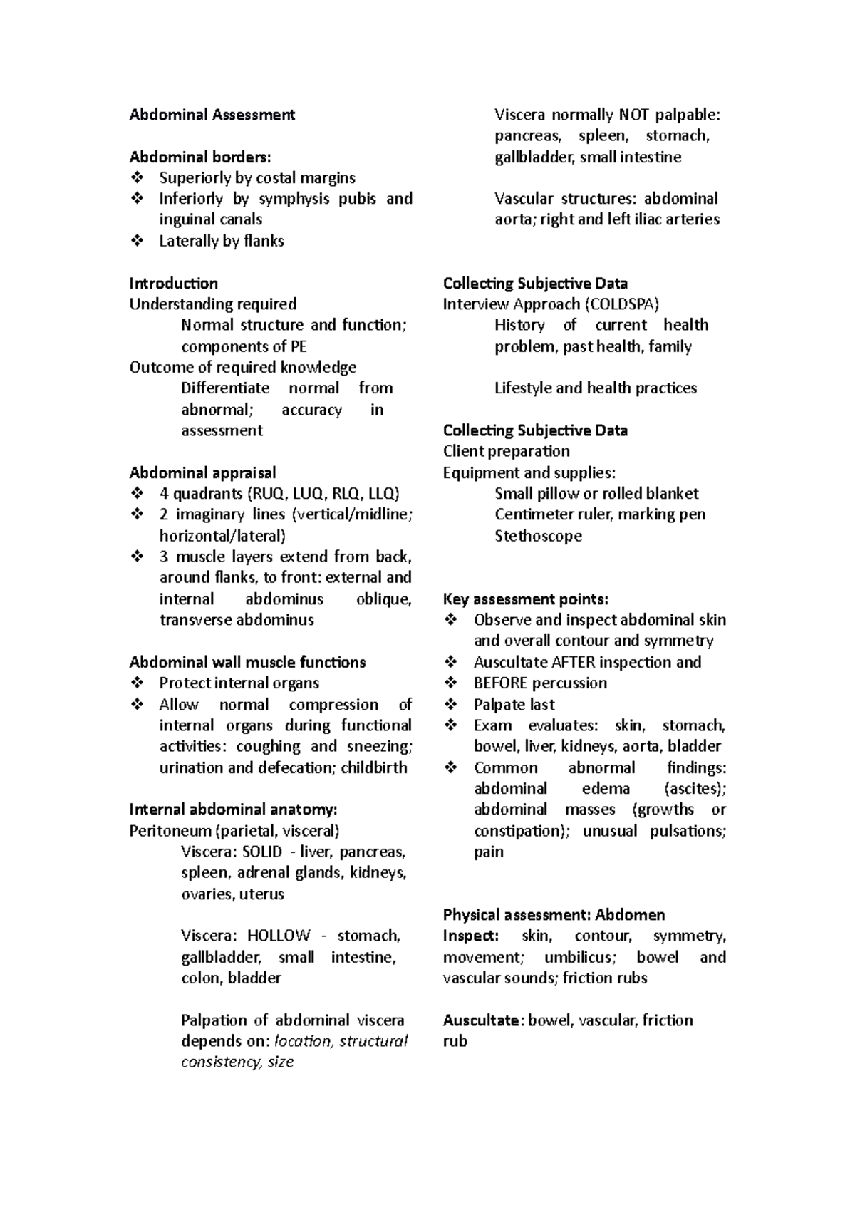 Abdominal Assessment - Notes - Abdominal Assessment Abdominal borders ...