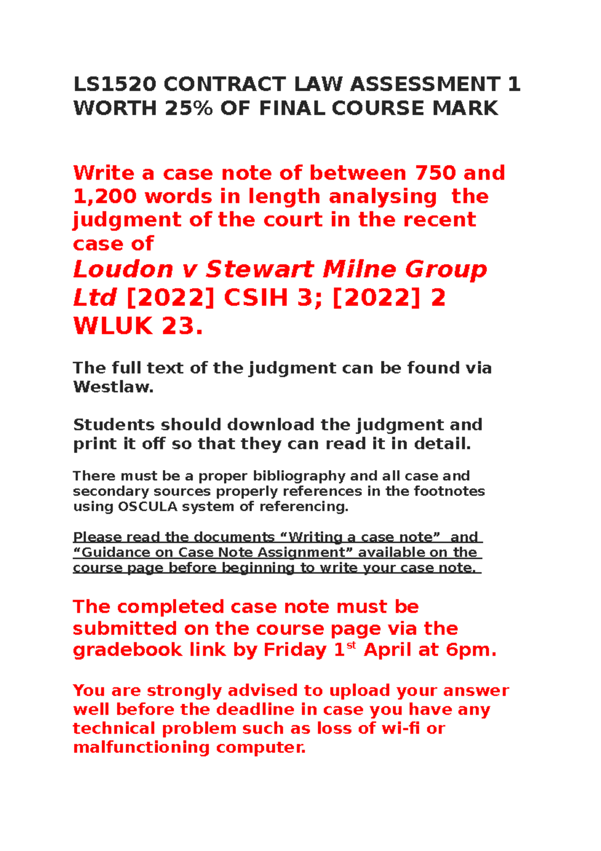 Assessed Essay 1Case Note - LS1520 CONTRACT LAW ASSESSMENT 1 WORTH 25% OF FINAL COURSE MARK ...