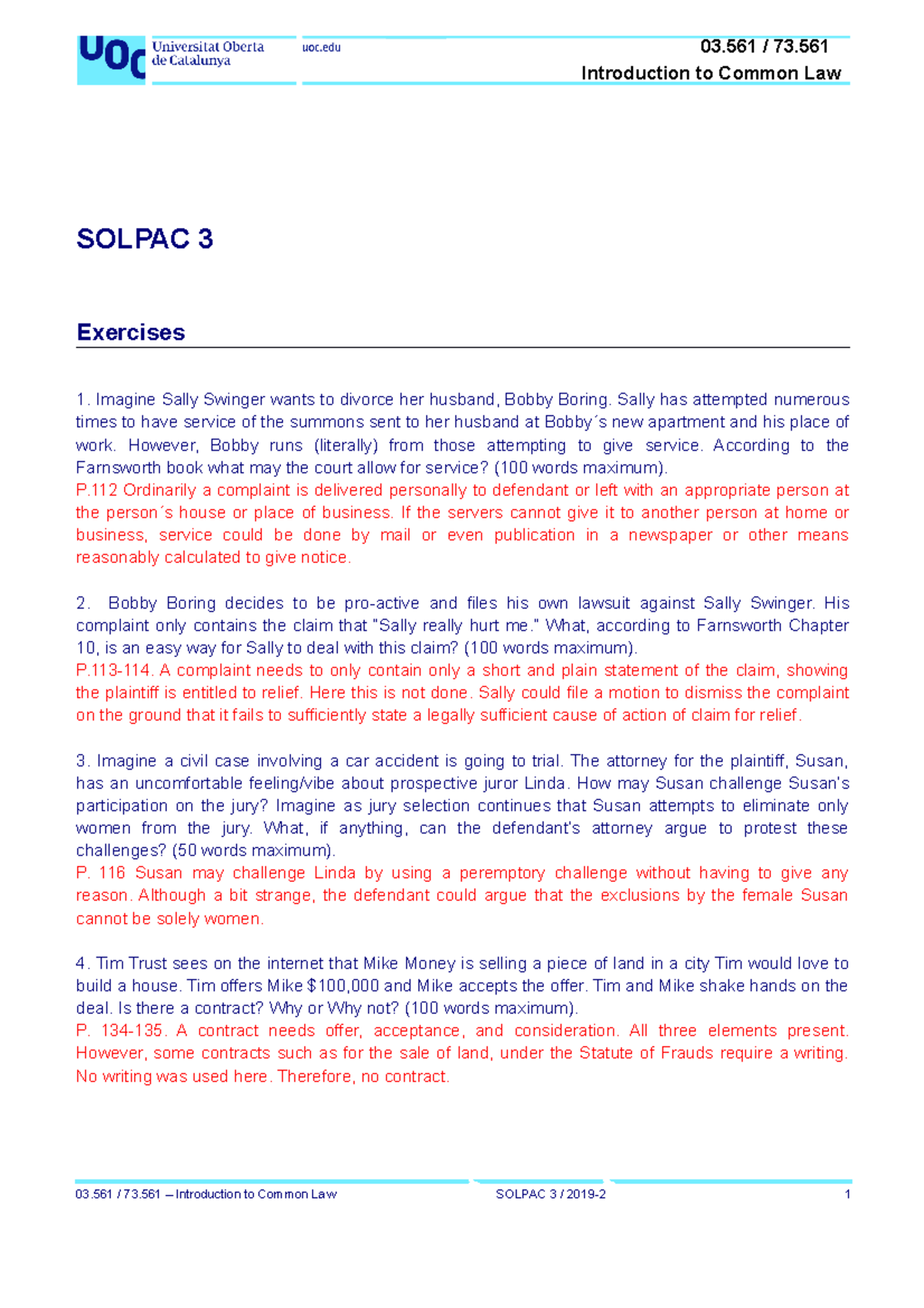 Solución PEC 3 - SOL PEC 3 2020 - 03 / 73. Introduction to Common Law SOLPAC 3 Exercises Imagine ...