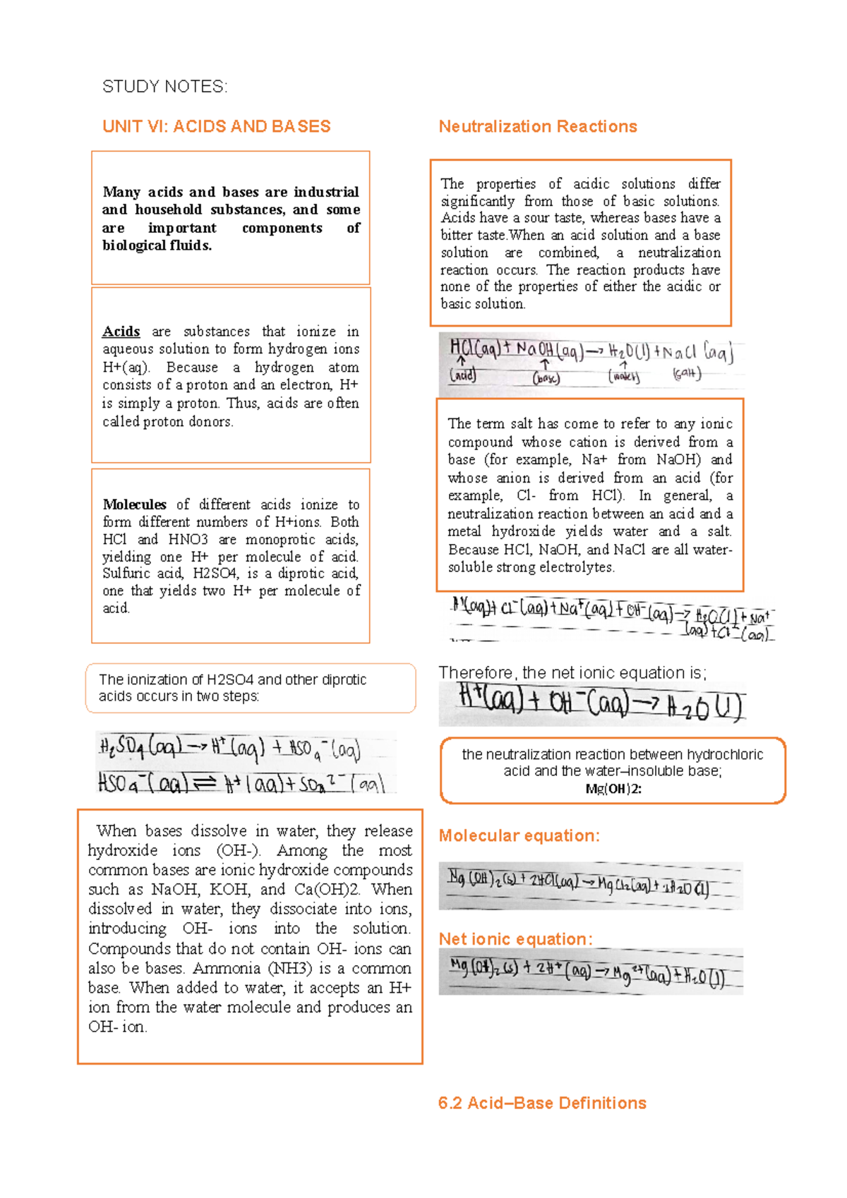 Study Notes - STUDY NOTES: UNIT VI: ACIDS AND BASES Neutralization ...