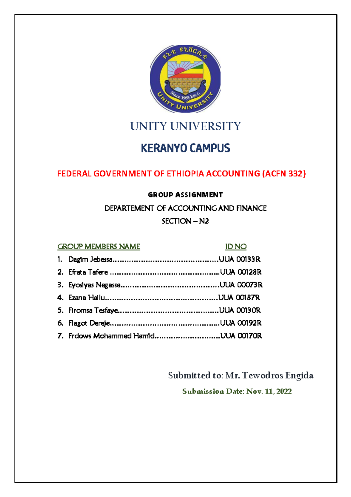 Best suited FGE Group Assignment Sample - UNITY UNIVERSITY KERANYO CAMPUS FEDERAL GOVERNMENT OF ...