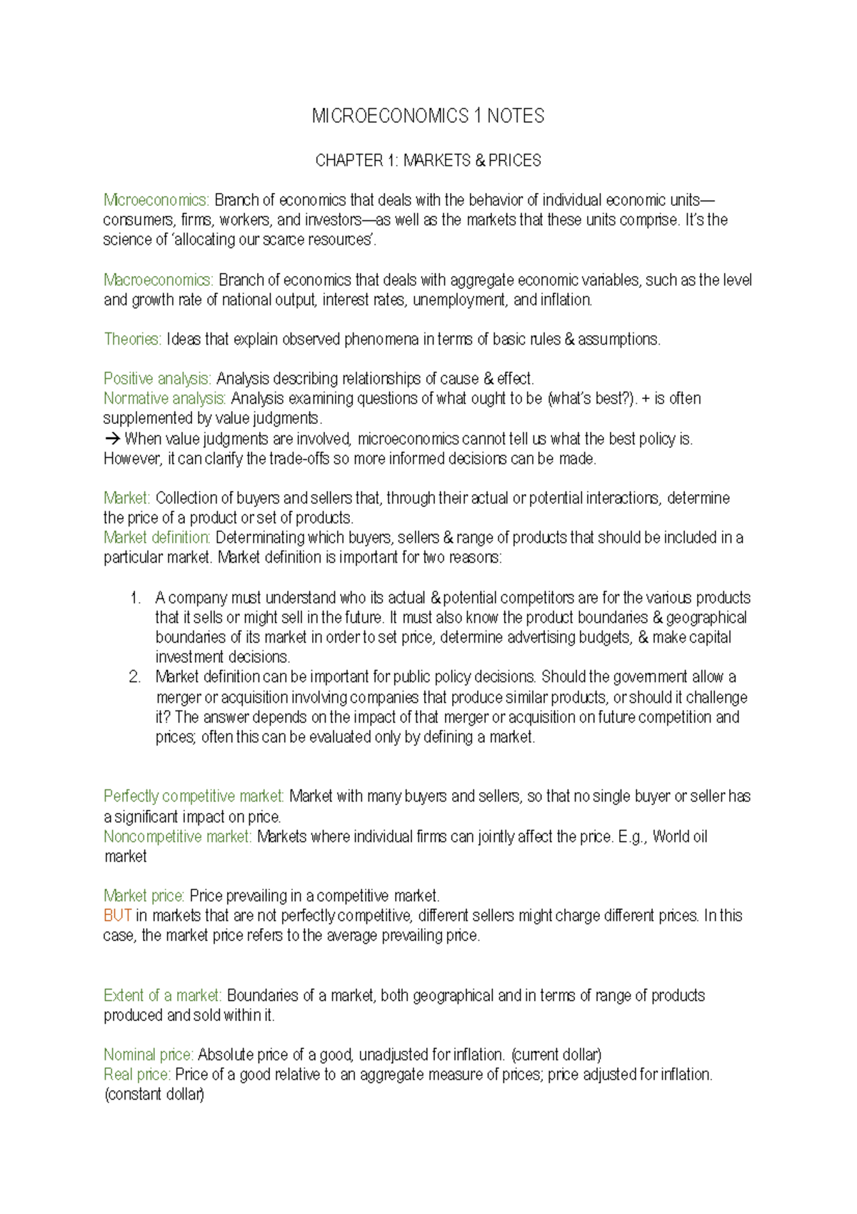 Microeconomics 1 notes - MICROECONOMICS 1 NOTES CHAPTER 1: MARKETS ...