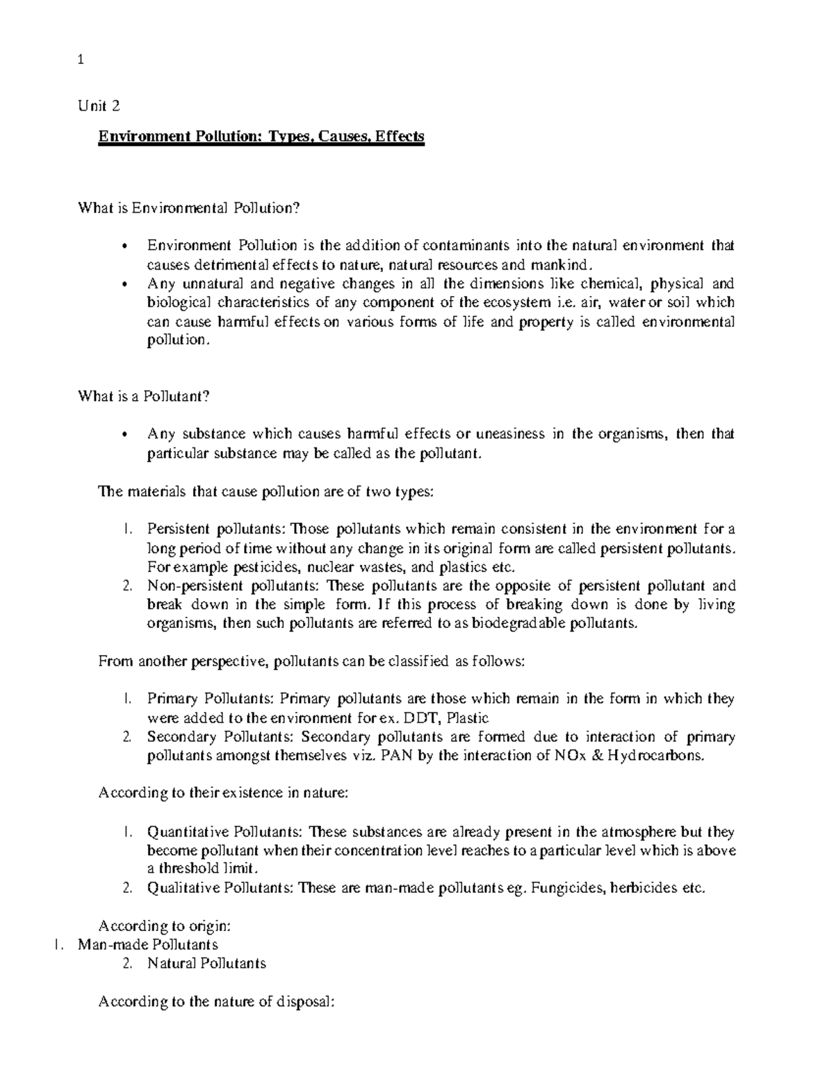 Environmental topic 1&2 - Unit 2 Environment Pollution: Types, Causes ...