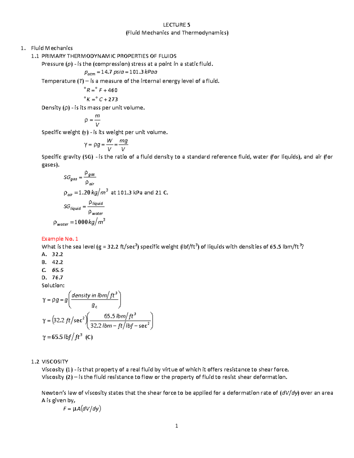 Fluid mechanics and themo - ####### LECTURE 5 (Fluid Mechanics and ...