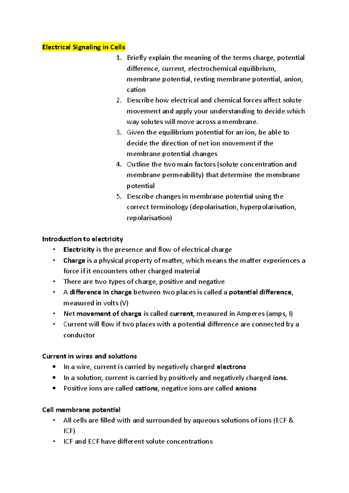 Electrical Signaling in Cells - Briefly explain the meaning of the ...