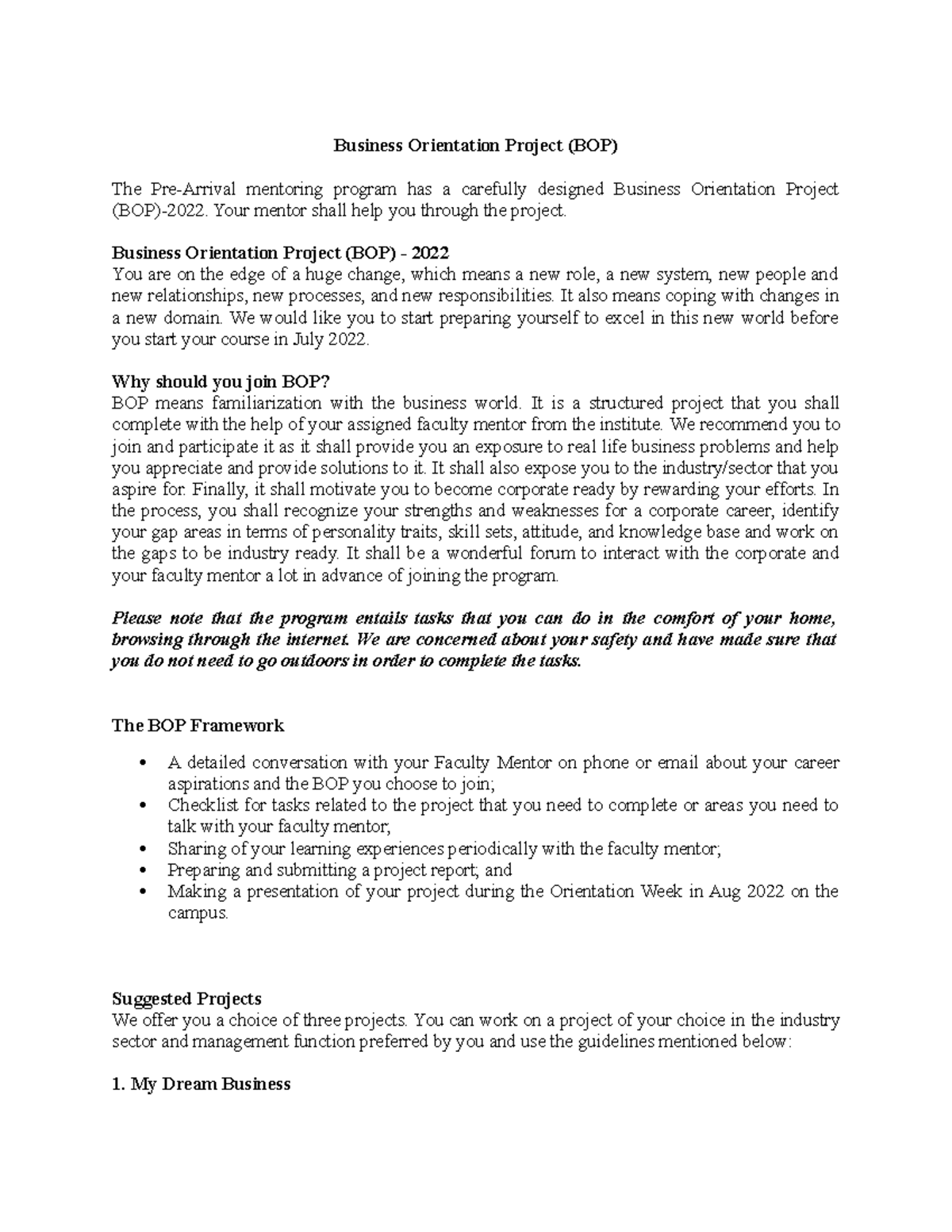 Business Orientation Project - 2022 - Business Orientation Project (BOP ...
