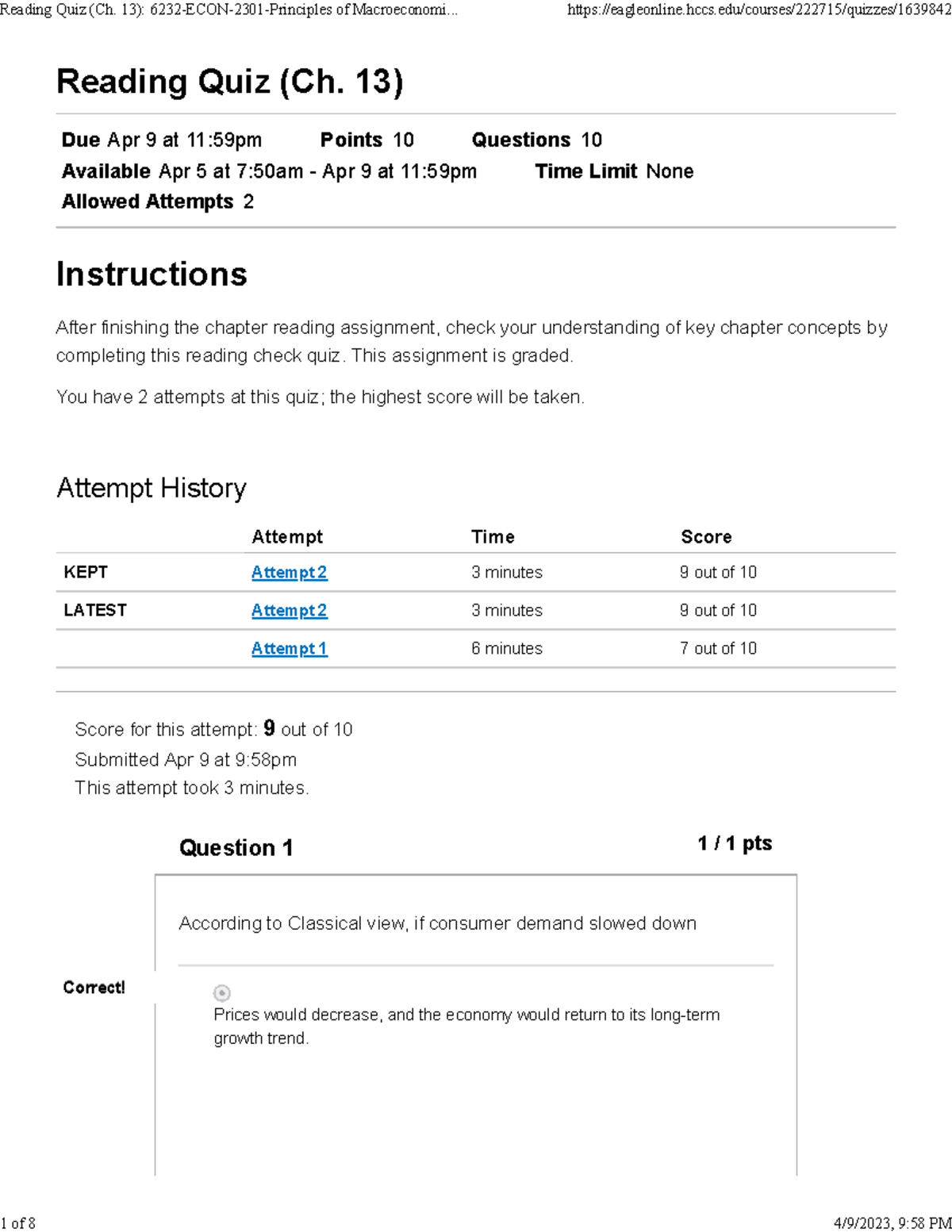 Reading Quiz Ch - ms dixon yuksel - Reading Quiz (Ch. 13) Due Apr 9 at ...