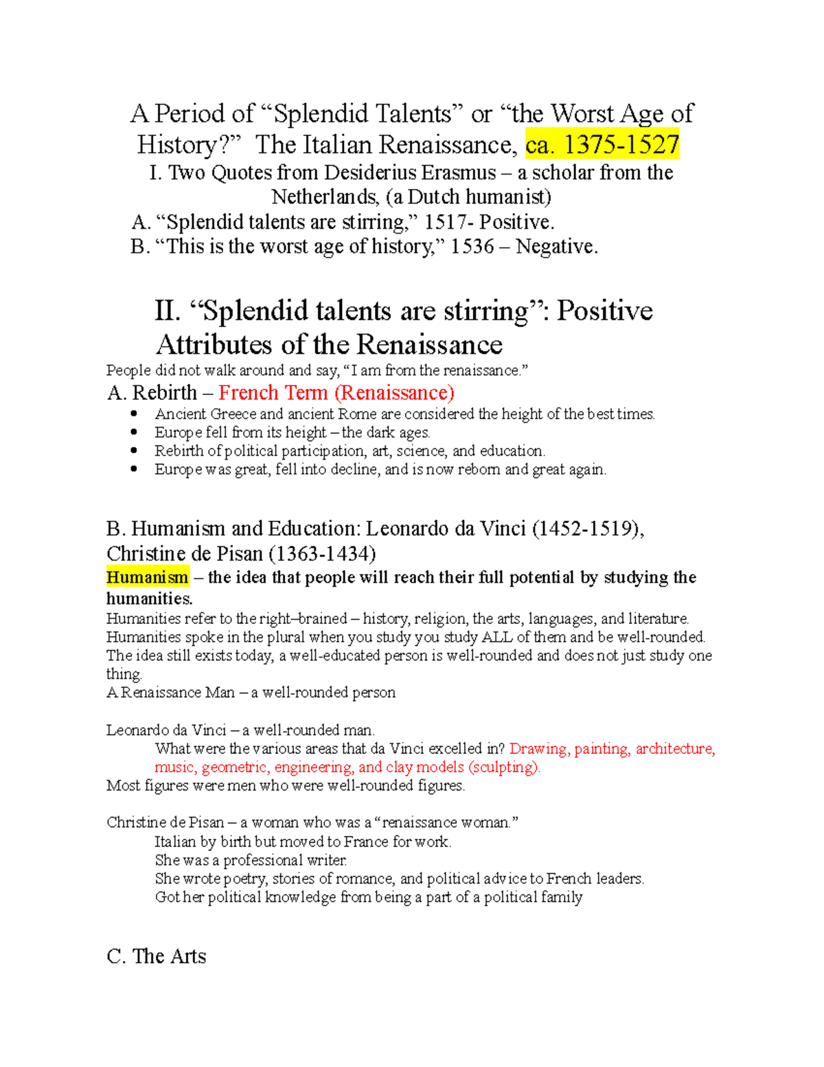 Renaissance Outline - Unit 1 (1-20) - A Period of “Splendid Talents” or ...