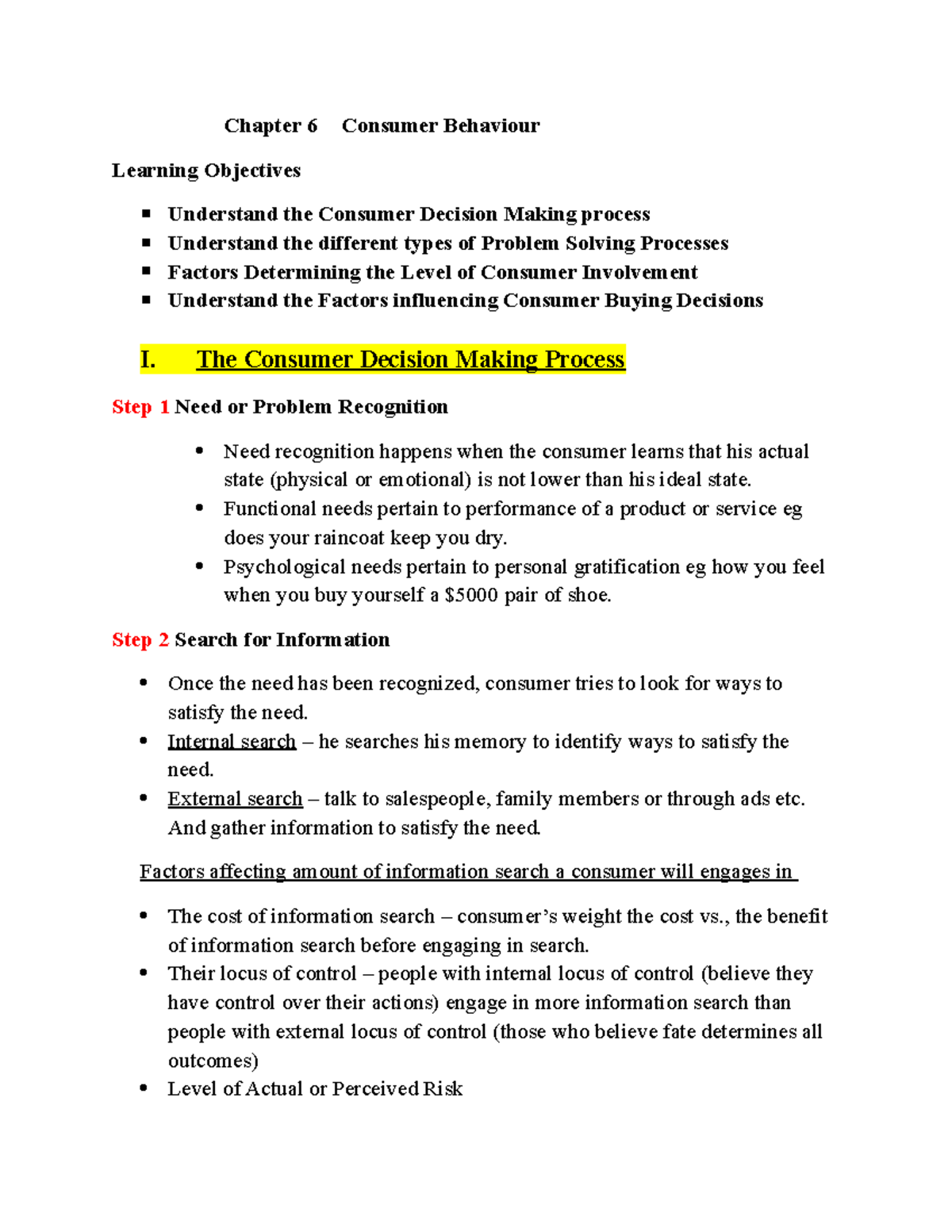 Chapter 6 - note - Chapter 6 Consumer Behaviour Learning Objectives ...