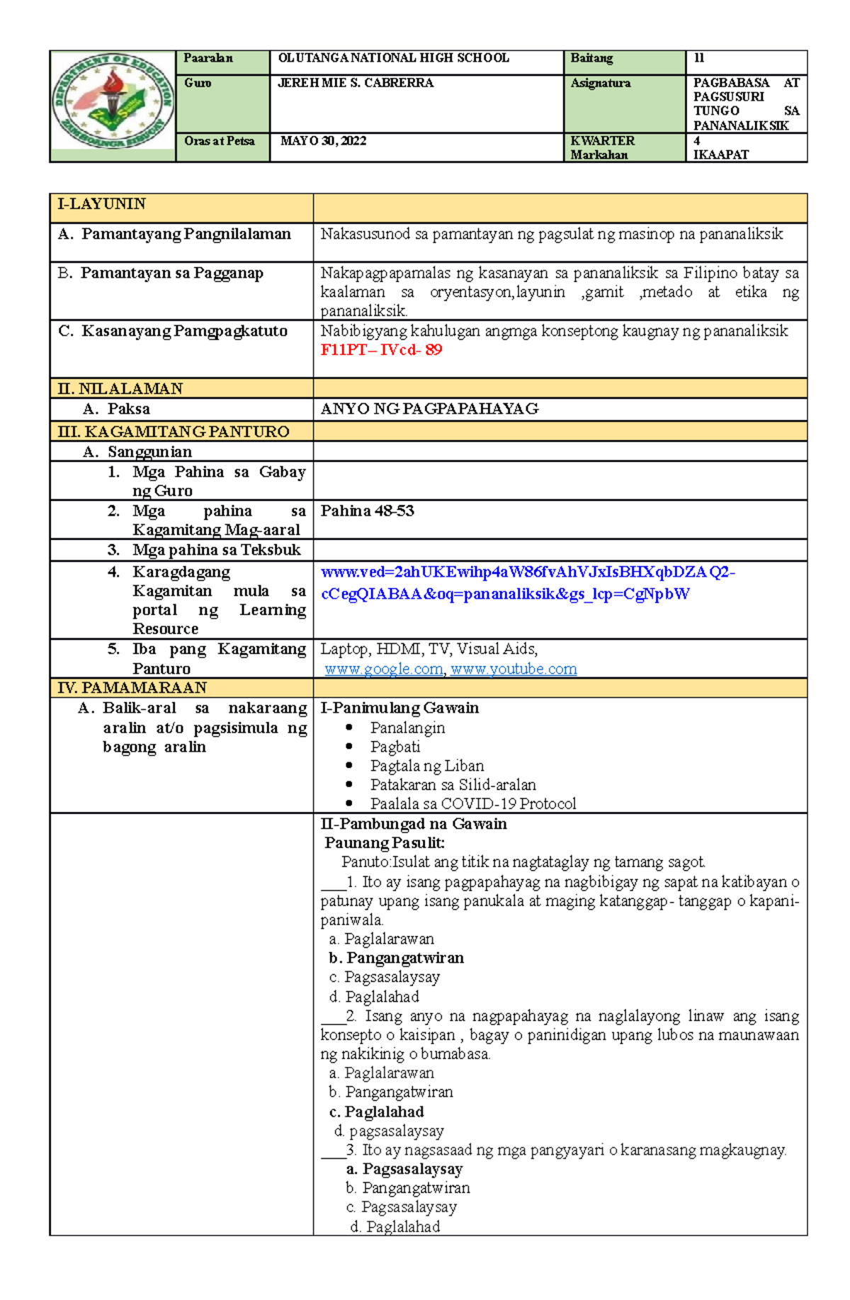 CO-2 final lesson plan - Uri ng Paglalarawan - Paaralan OLUTANGA ...
