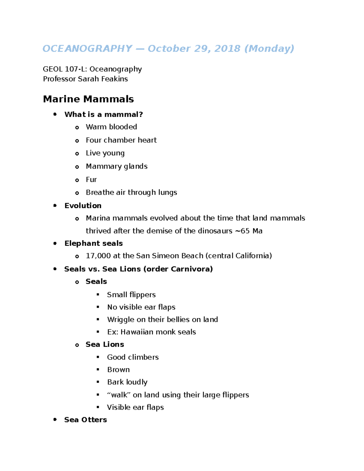GEOL 107 10.29.18 - OCEANOGRAPHY — October 29, 2018 (Monday) GEOL 107-L ...