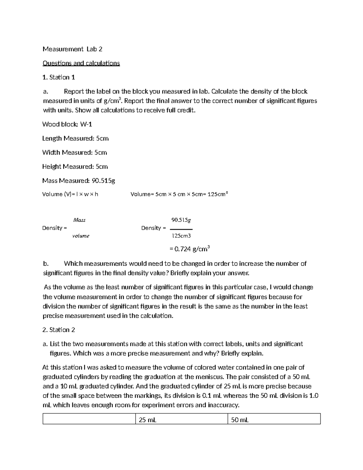 Lab 2-measurement - Post Lab 2: Measurement - Measurement Lab 2 Questions and calculations 1 ...