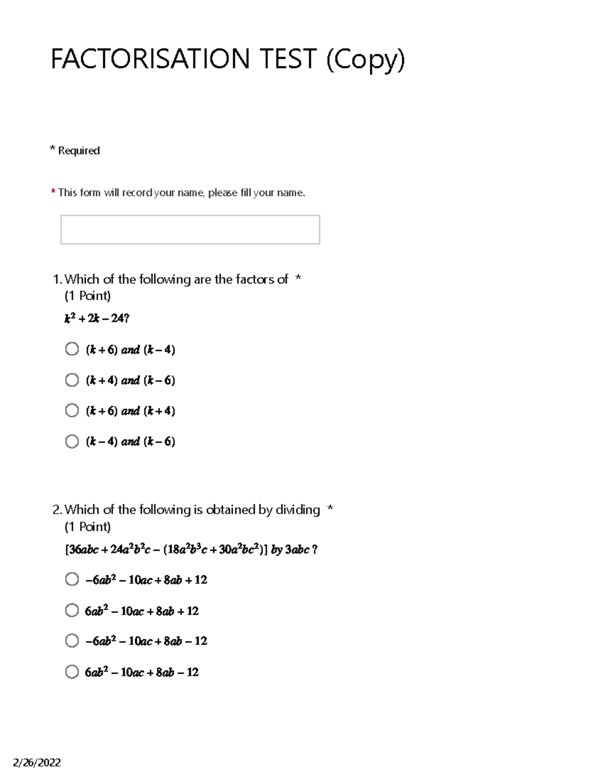 Factorisation TEST (Copy) (Preview) Microsoft Forms - FACTORISATION ...